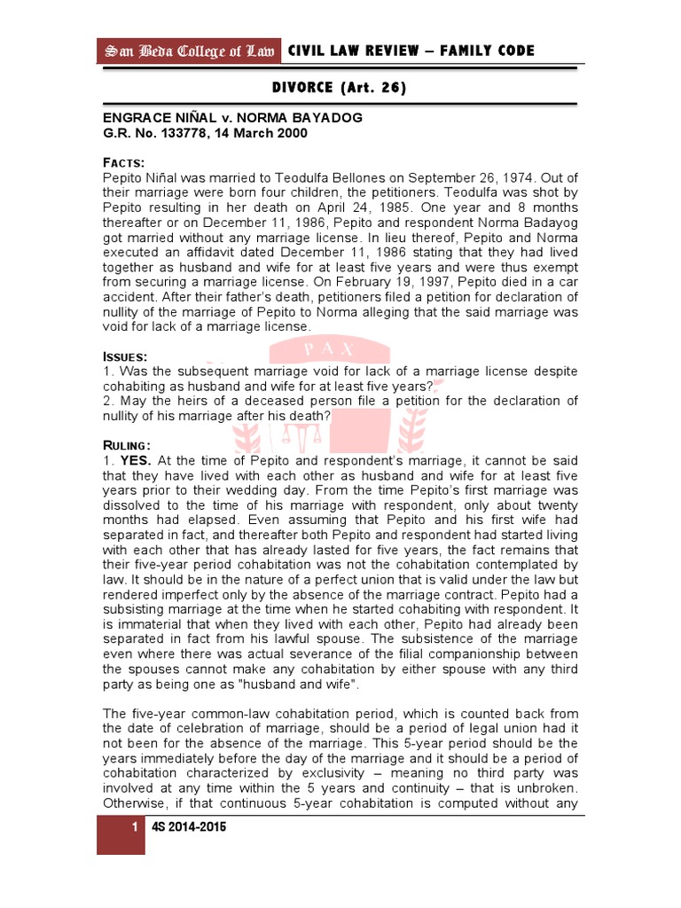 Civil Law Review (Family Code) | PDF | Marriage | Divorce