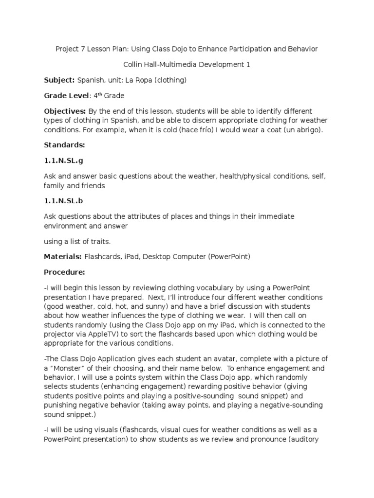 Subject: Spanish, Unit: La Ropa (Clothing) Grade Level: 4 Objectives ...