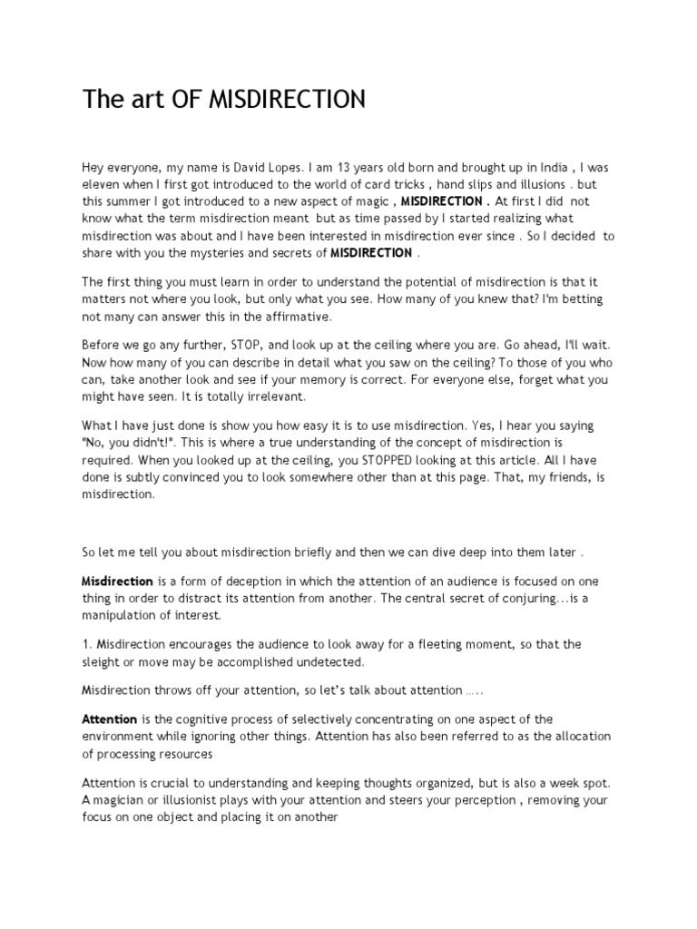 The Art of Misdirection | PDF | Hypnosis | Magic (Illusion)