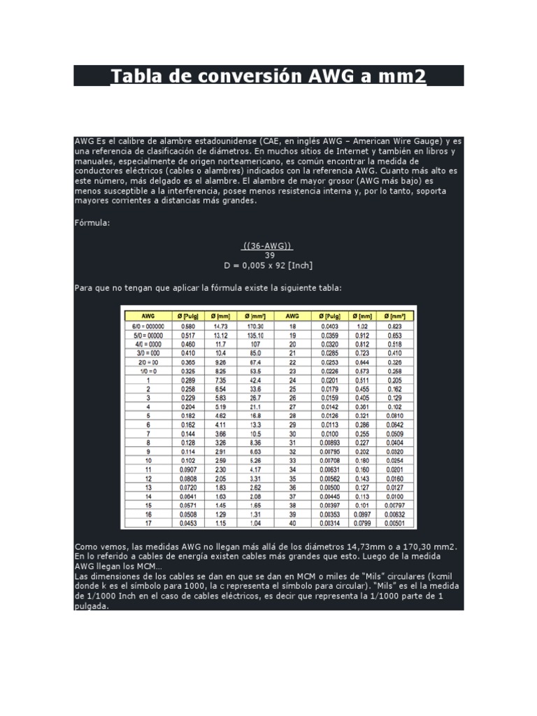 Tabla de Conversión AWG A Mm2 | PDF