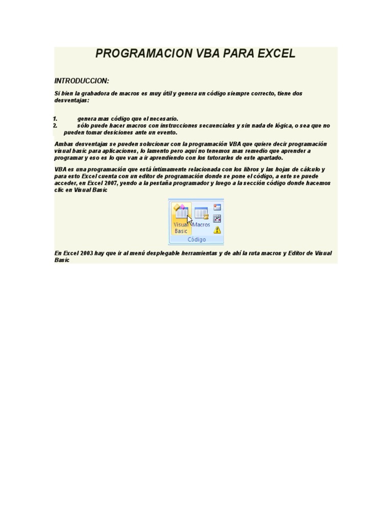 Programacion Vba para Excel | PDF | Macro (informática) | Visual Basic para Aplicaciones