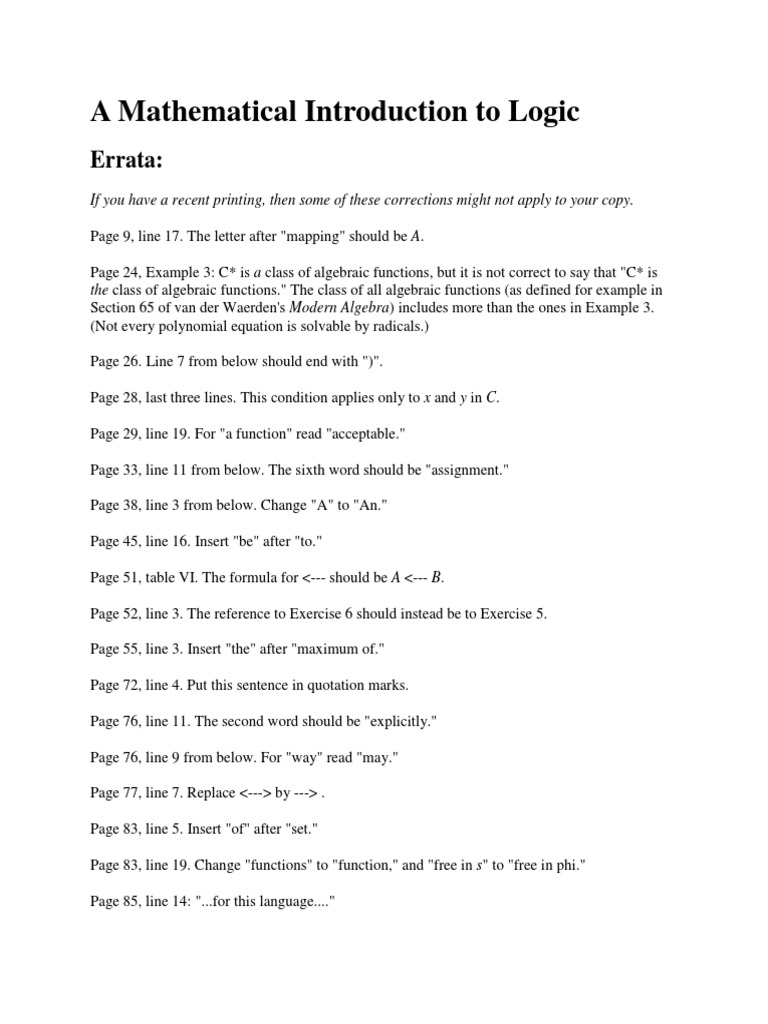 Errata - First Edition of A Mathematical Introduction To Logic - Herbert B. Enderton | PDF ...