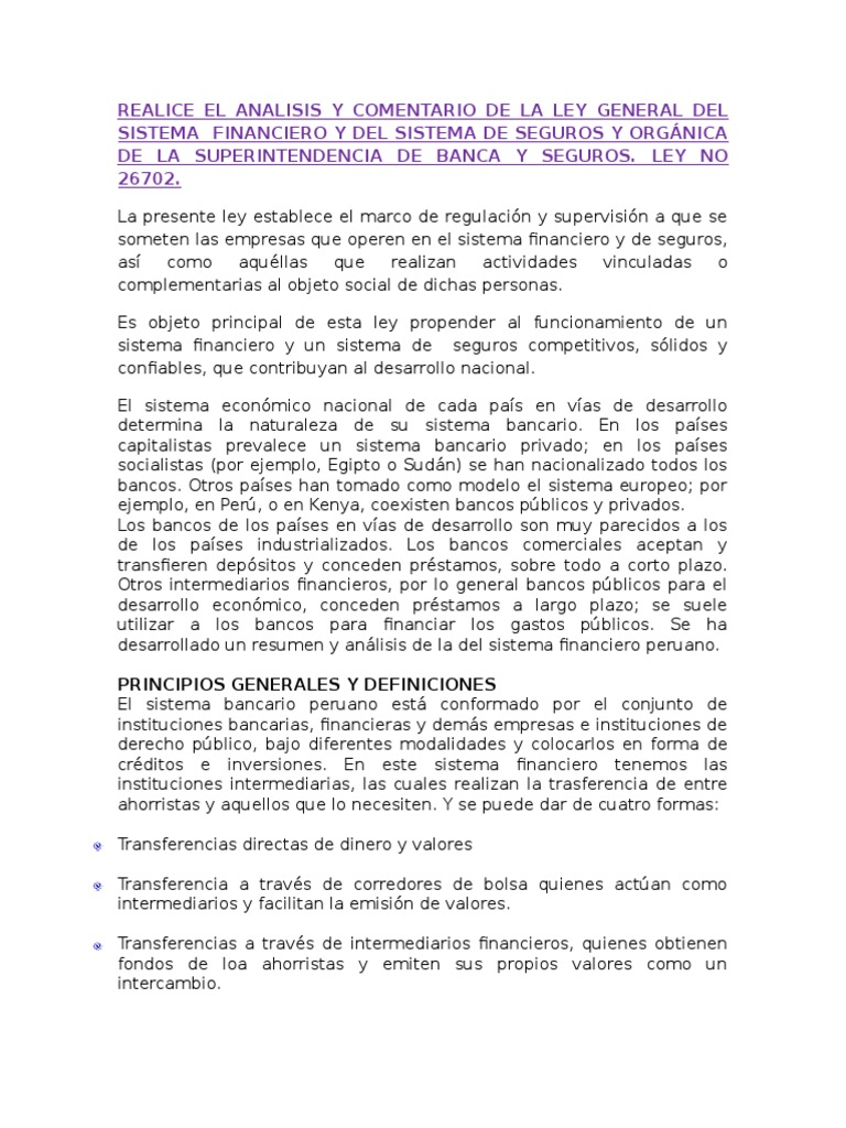 Analisis y Comentario de La Ley General Del Sistema Financiero y Del Sistema de Seguros y ...