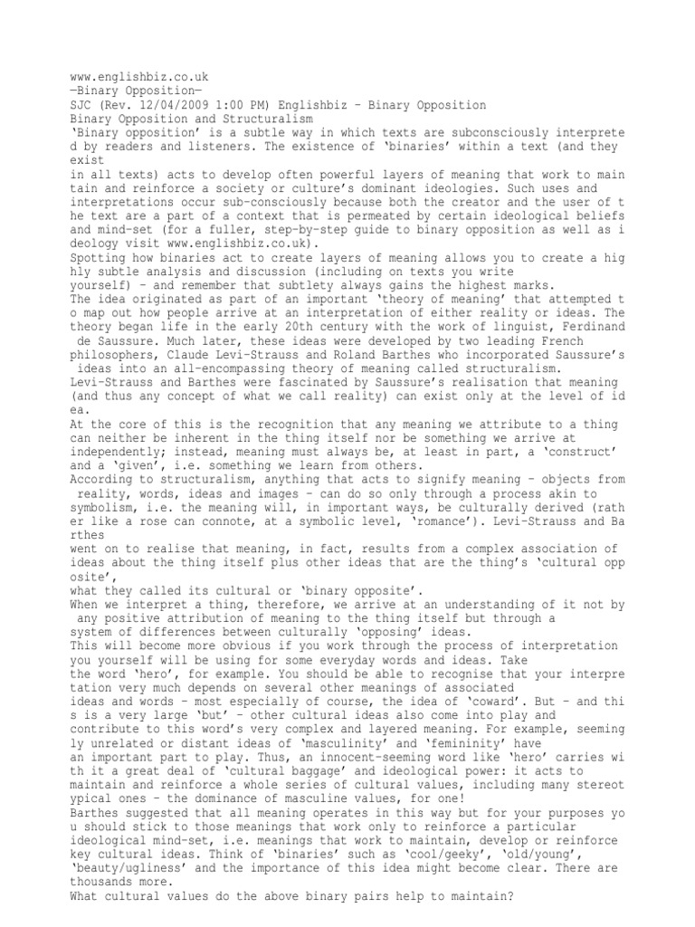 Binary Opposition | PDF | Psychoanalysis | Sigmund Freud
