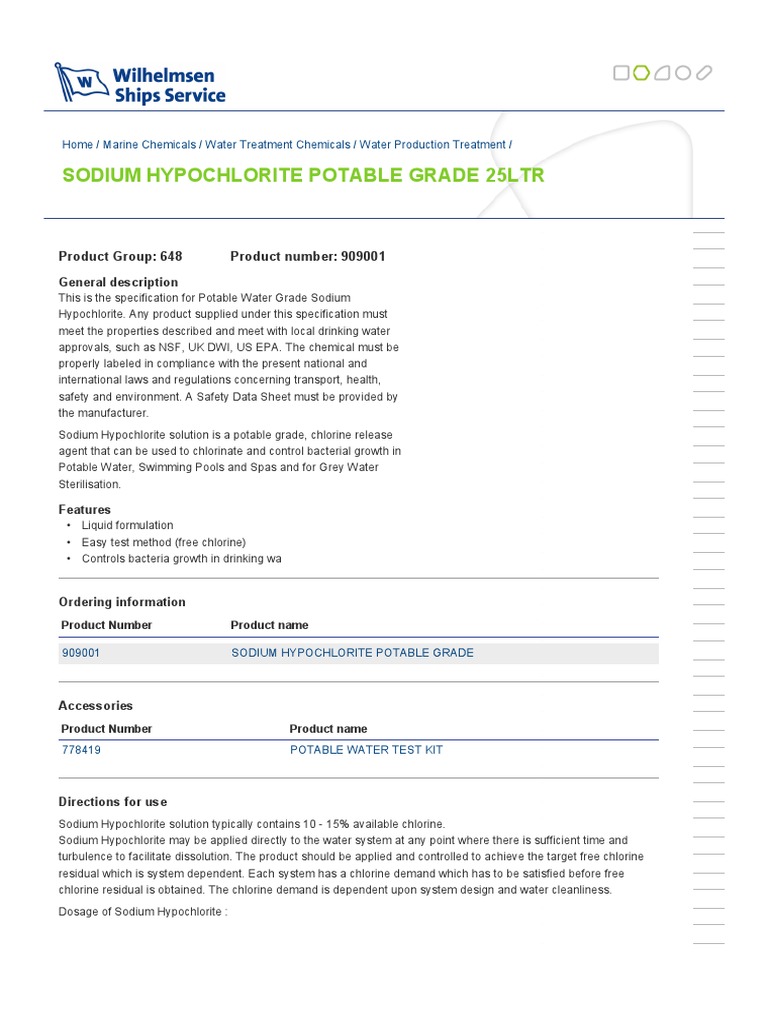 Sodium Hypochlorite Potable Grade 25Ltr: Product Group: 648 Product ...