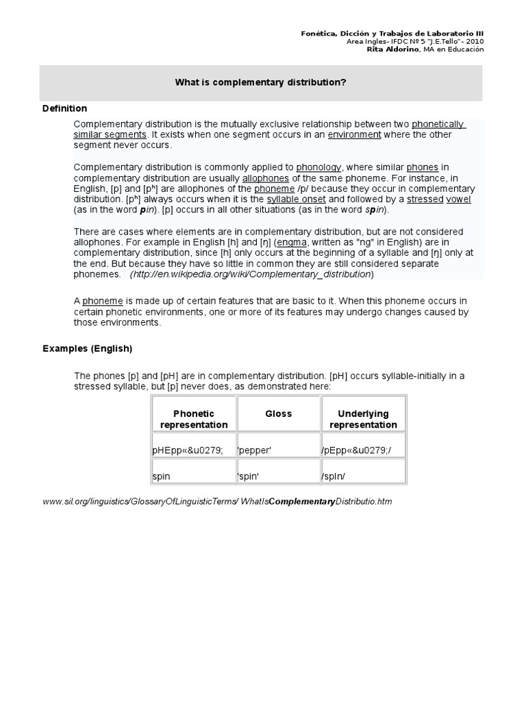 Complementary Distribution | PDF | Phoneme | Syllable