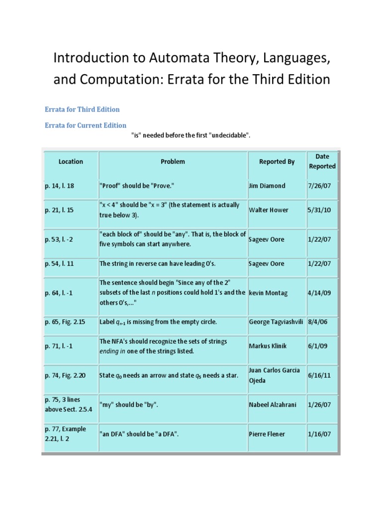 Errata For Introduction To Automata Theory, Languages, and Computation, Third Edition | PDF ...