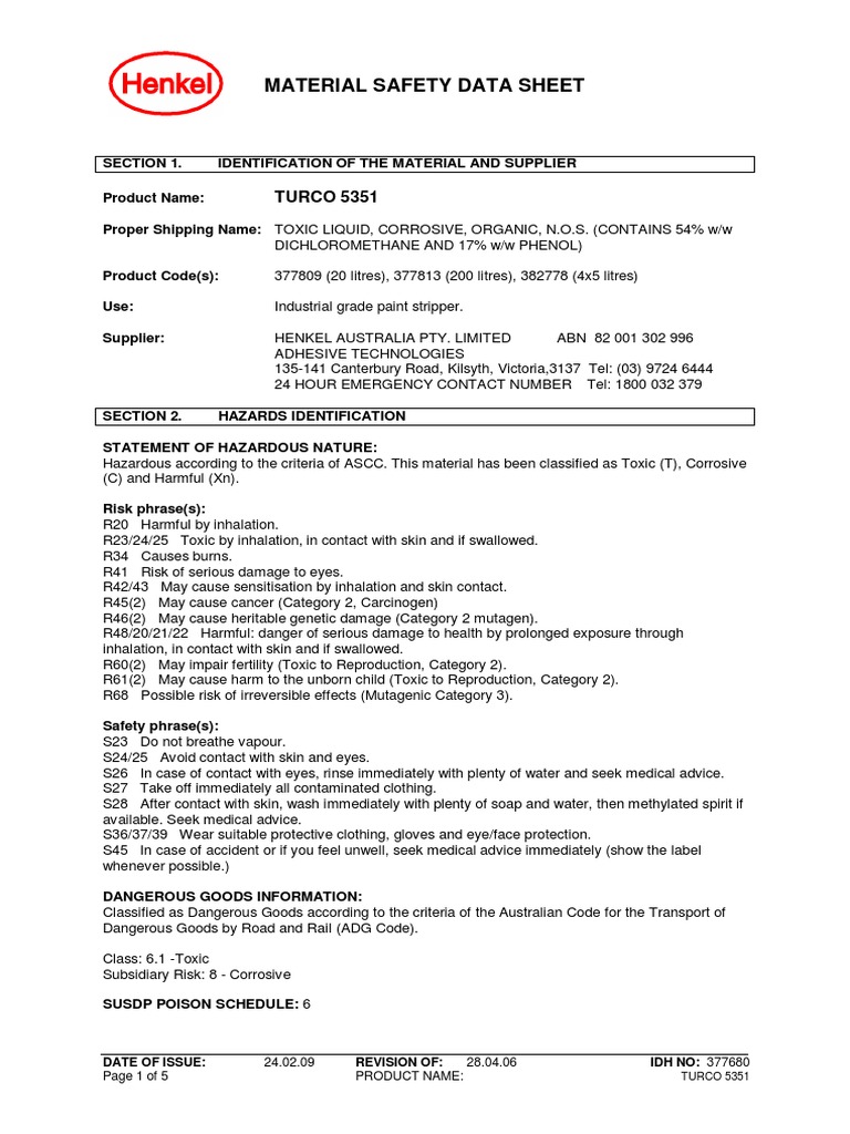 Turco 5351 Msds | PDF | Personal Protective Equipment | Toxicity