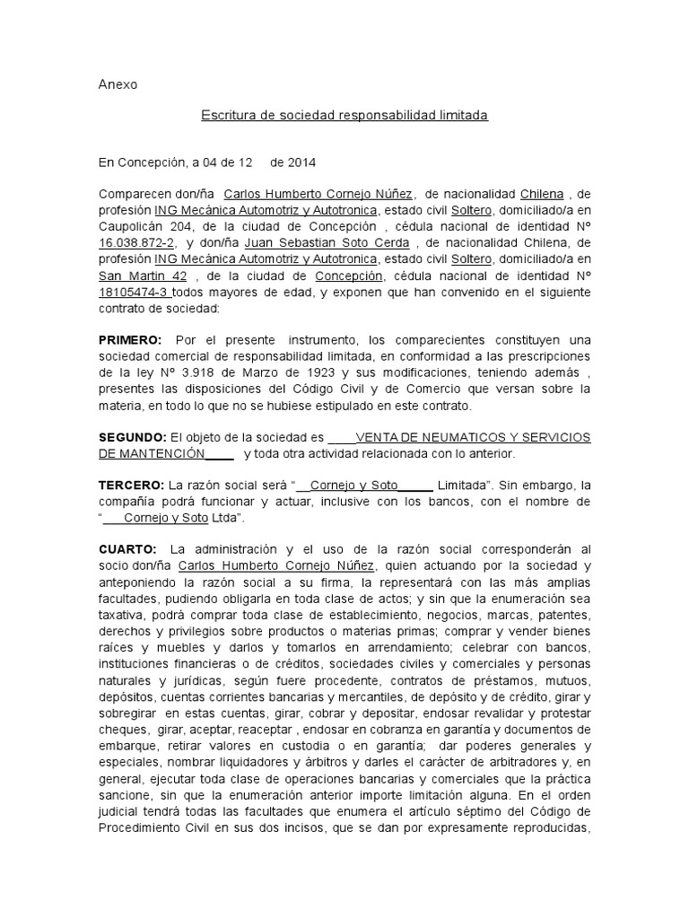 Escritura de Sociedad Responsabilidad Limitada | PDF | Compañía de responsabilidad limitada | Bancos