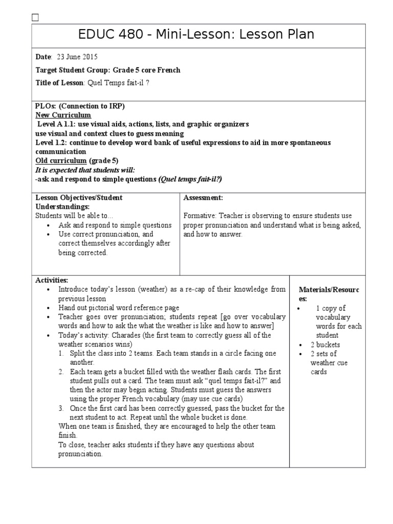 Grade 5 French Weather Lesson Plan | PDF | Vocabulary | Lesson Plan