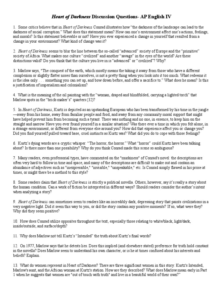 Heart of Darkness Discussion Questions | PDF | Heart Of Darkness ...