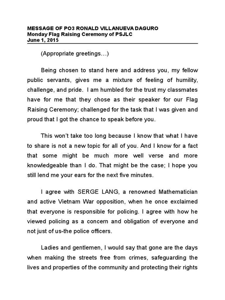 Message of Po3 Ronald Villanueva Daguro Monday Flag Raising Ceremony of ...