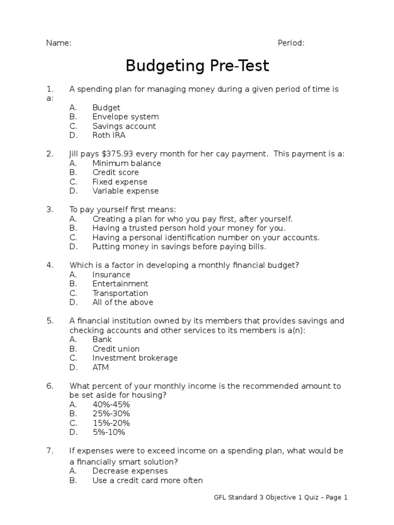 Budgeting Pre-Test Quiz | PDF | Finance & Money Management