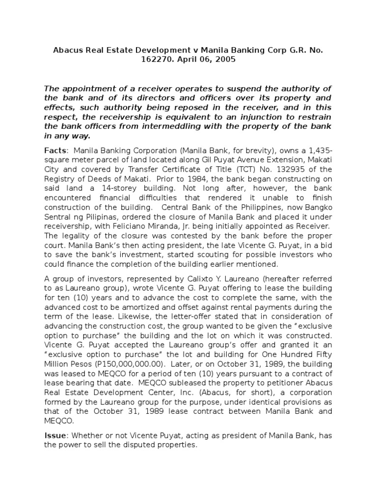 Abacus Real Estate Development V Manila Banking Corp G | PDF ...