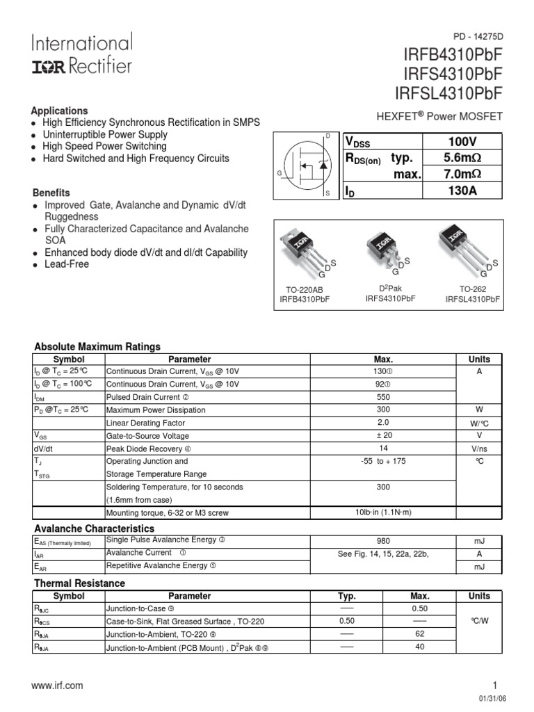 Irfb4310 Mosfet | PDF | Field Effect Transistor | Mosfet