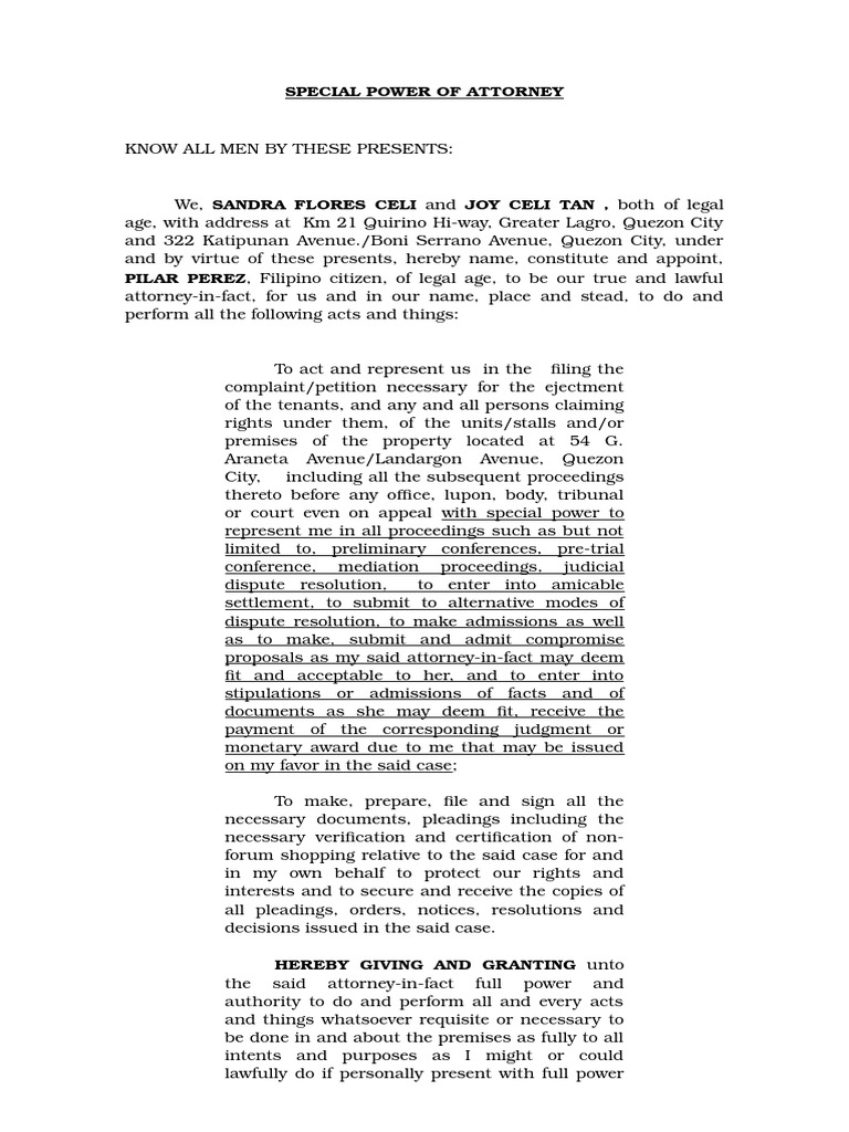 SPA For Ejectment | PDF | Power Of Attorney | Public Law