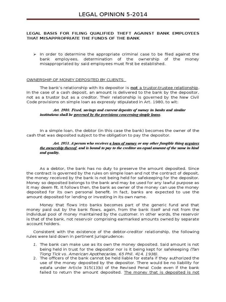 Legal Opinion Qualified Theft 1 | PDF | Deposit Account | Theft