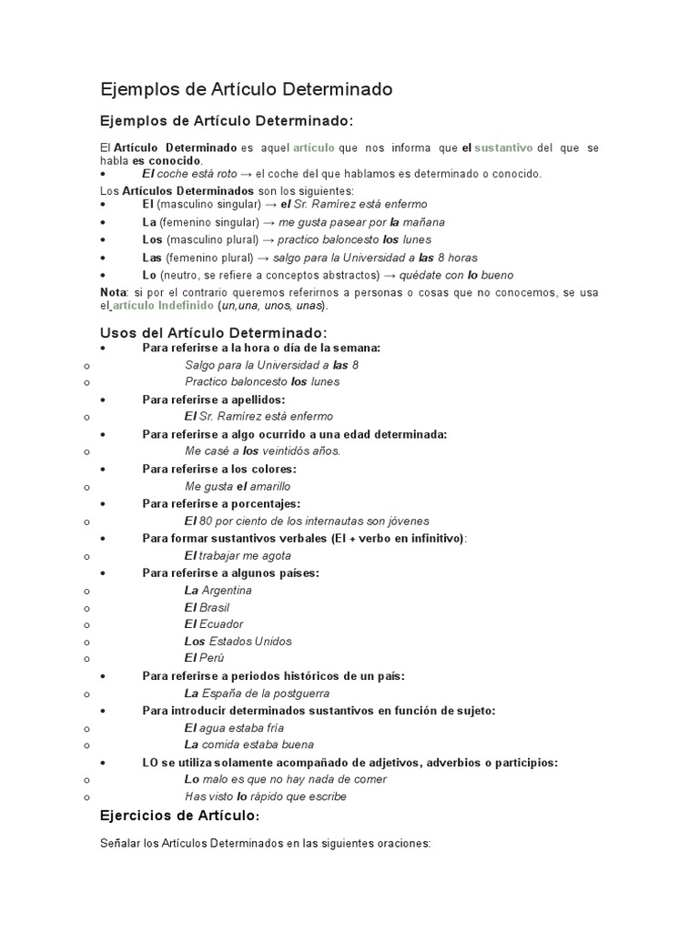 Ejemplos de Artículo Determinado | PDF | Adverbio | Asunto (gramática)