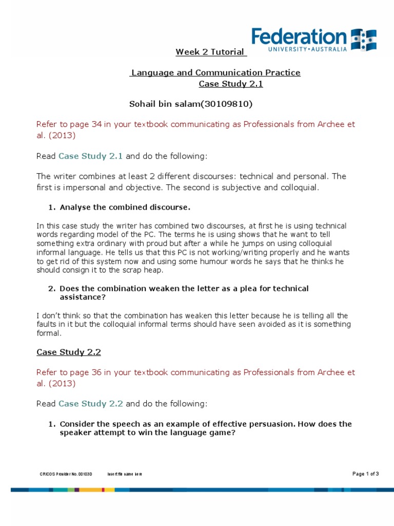 Week 2 Tutorial Language and Communication Practice Case Study 2.1 ...