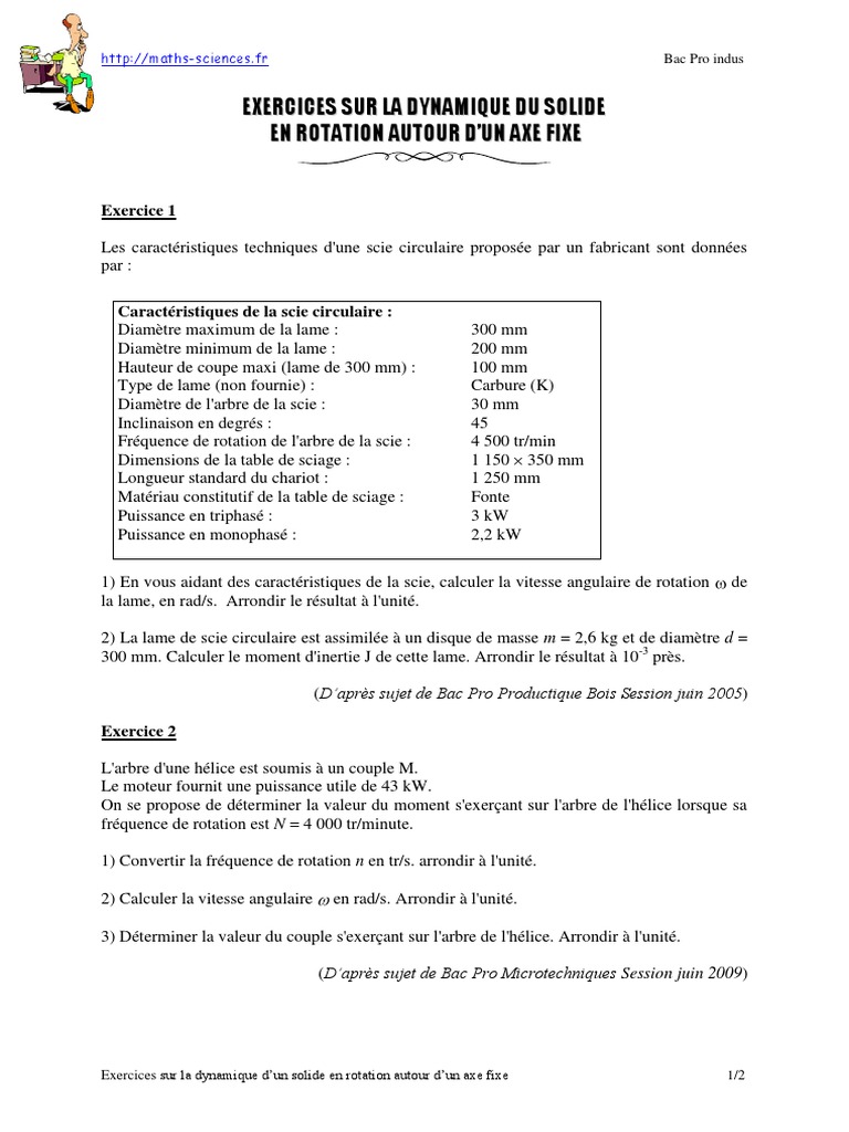 Exercices Dynamique Rotation Bac Pro Industriel | PDF | Cheval-vapeur ...