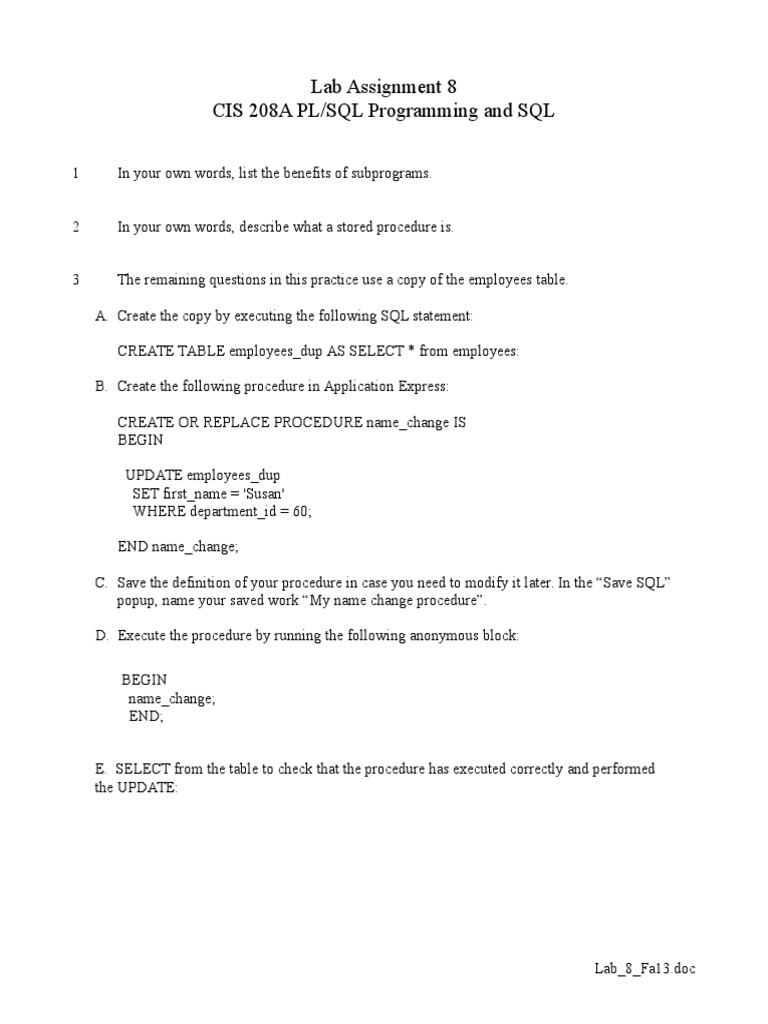 Lab 8 Fa13 | PDF | Subroutine | Parameter (Computer Programming) Lab 8 Fa13 | PDF | Subroutine | Parameter (Computer Programming)