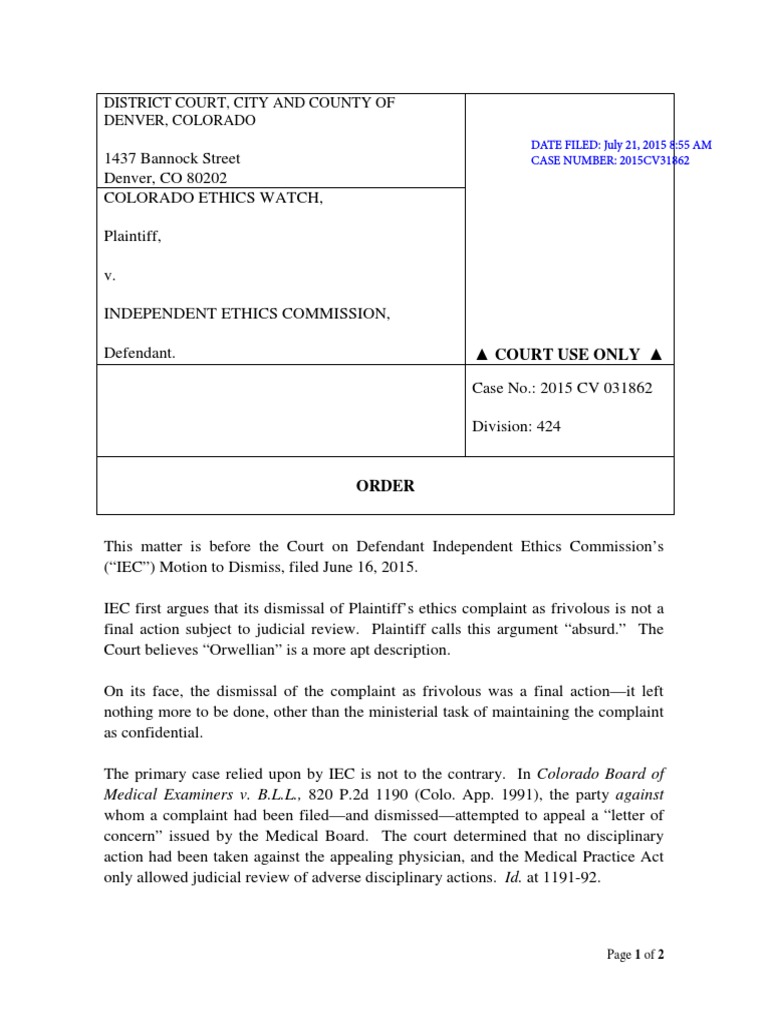 Order Denying IEC's Motion to Dismiss | Standing (Law) | Complaint