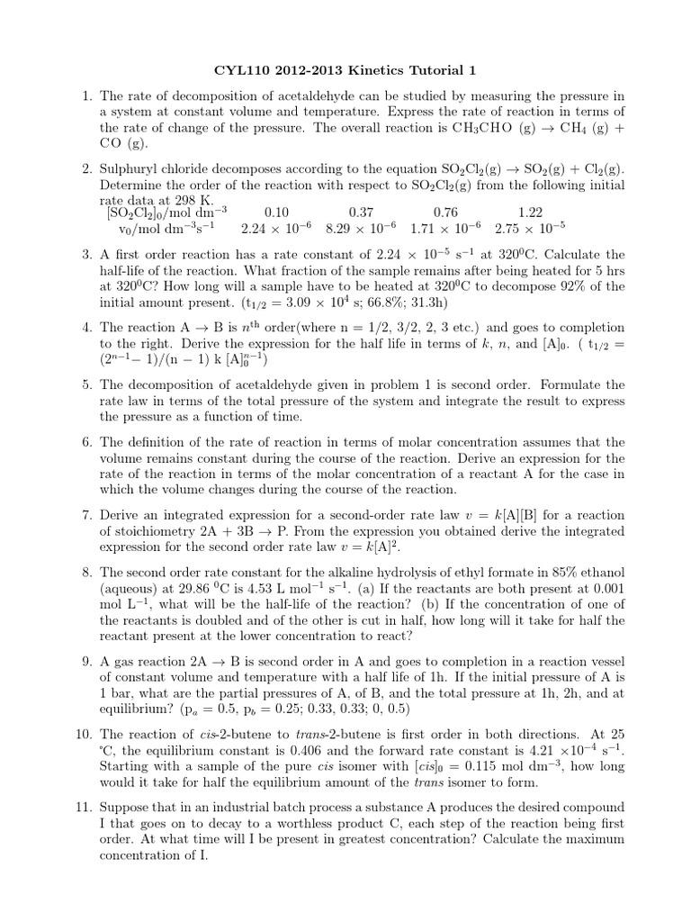 Chemical Kinetics Tutorial | PDF | Chemical Equilibrium | Chemical Engineering