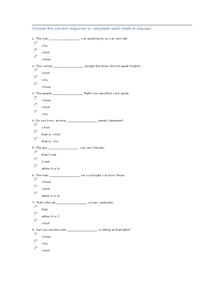 Relative Clauses Multiple Choice Quiz | PDF