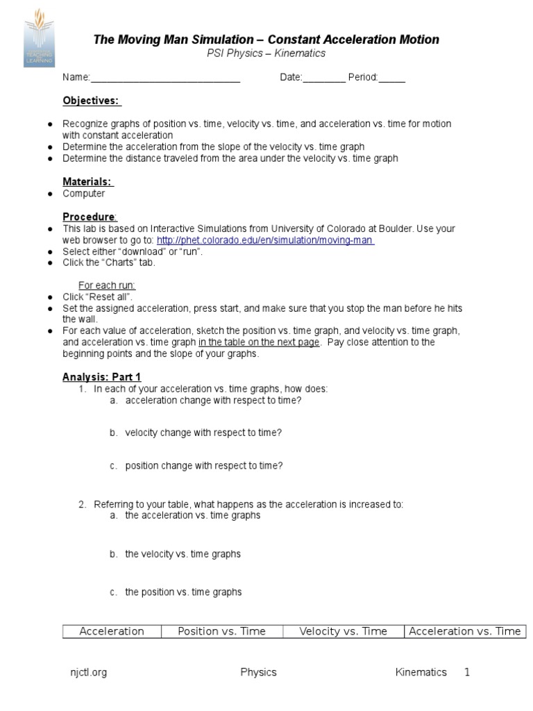 The Moving Man Acceleration Simulation Lab 2013-08-19 | PDF | Velocity ...