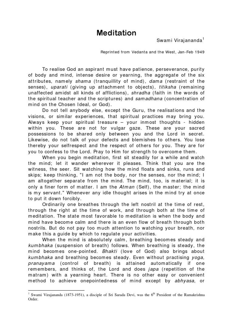 MEDITATION, by Swami Virajananda | PDF | Sarada Devi | Meditation