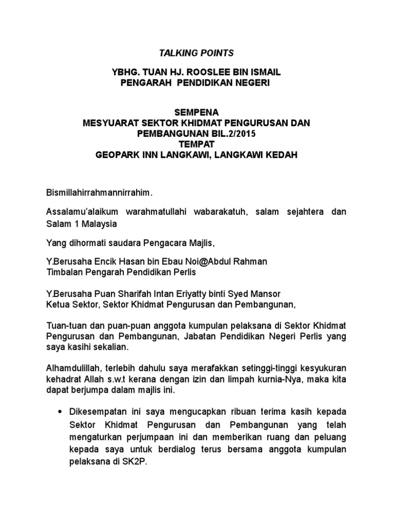 Talking Points Ucapan Majlis Perjumpaan Pengarah DGN PT Sk2p | PDF