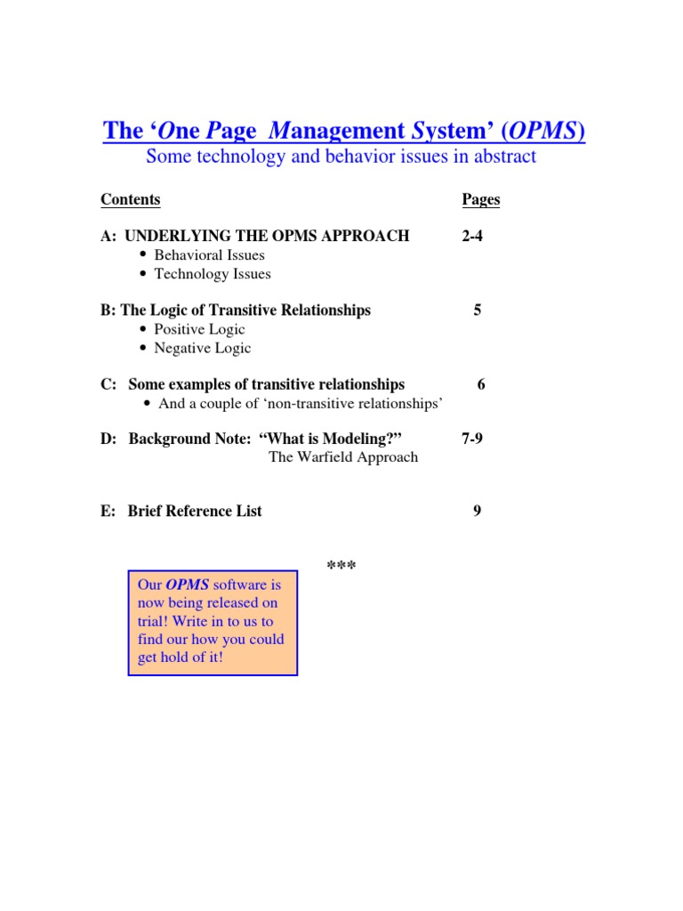 The One Page Management System' (OPMS) | Download Free PDF | System ...