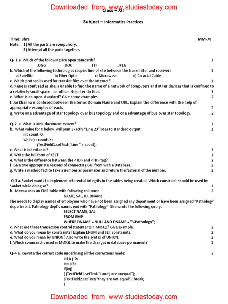 CBSE Class 12 Informatics Practices Sample Paper SA1 2015 | PDF | Data ...