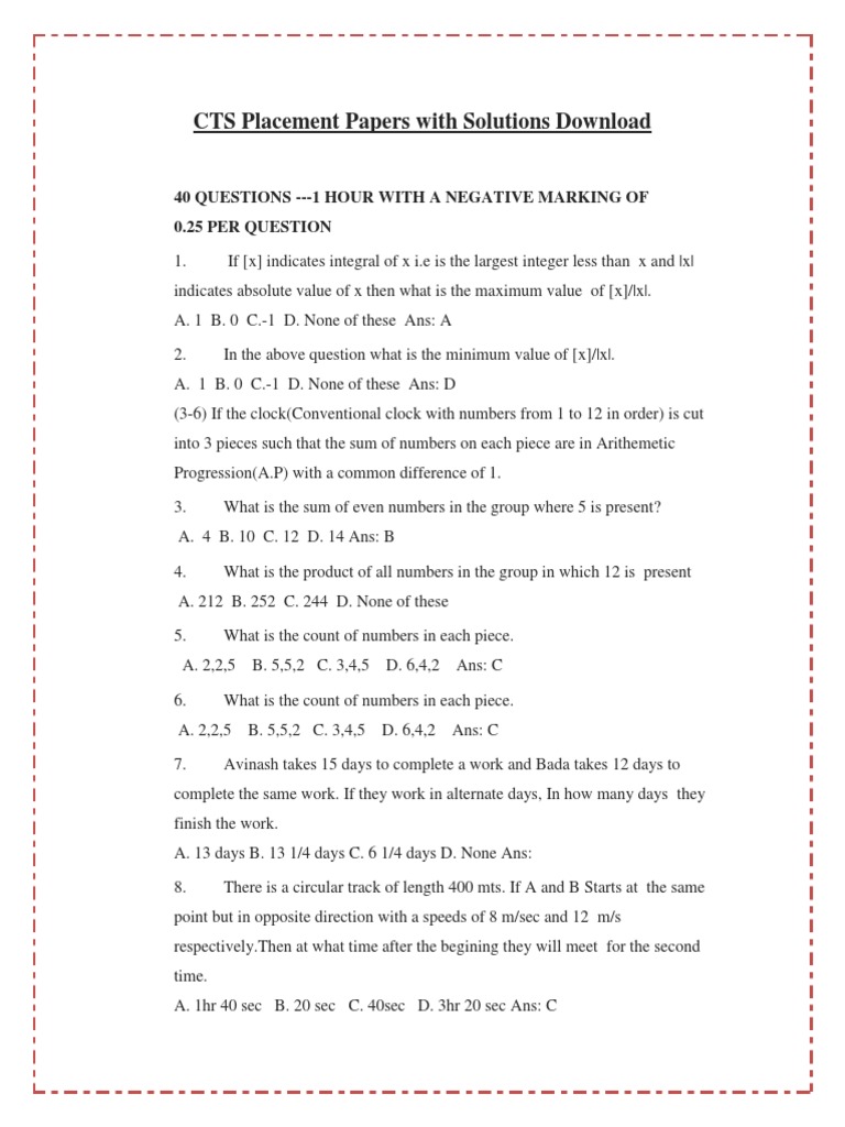 CTS Placement Papers With Solutions Download: 40 Questions - 1 Hour ...