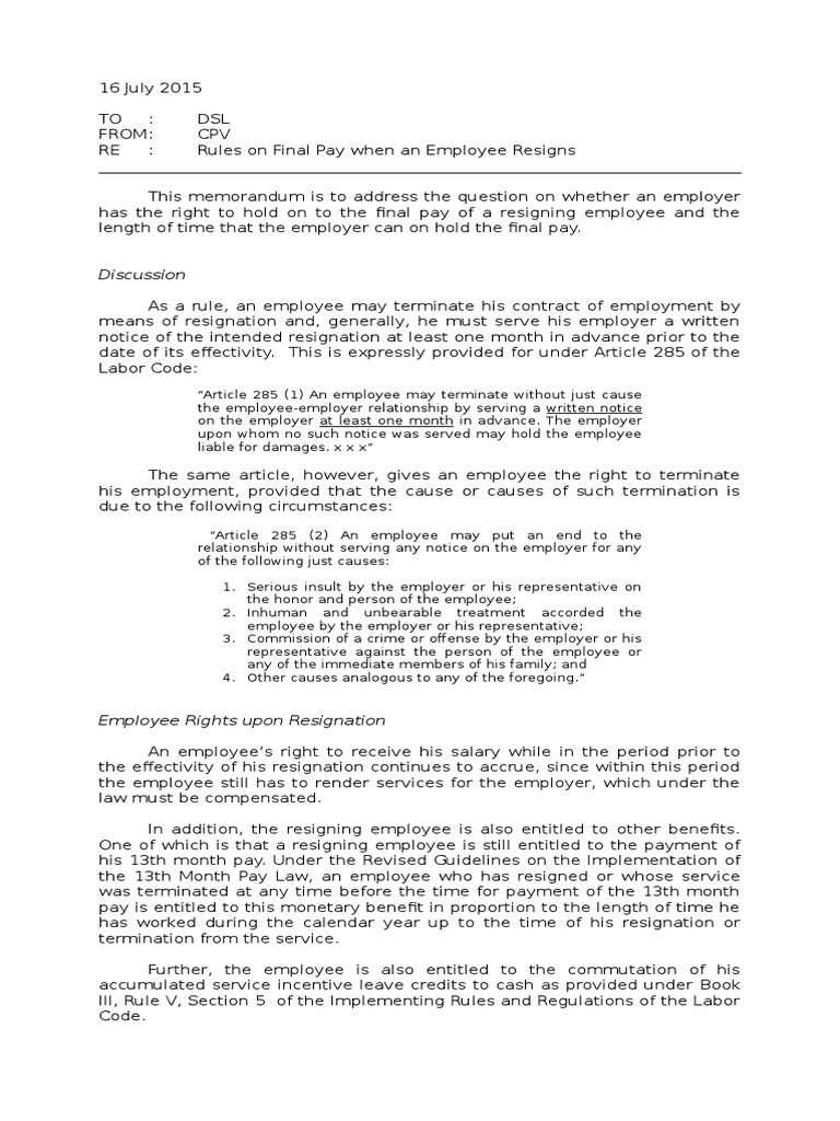 Memo On Release of Final Pay | PDF | Employment | Salary