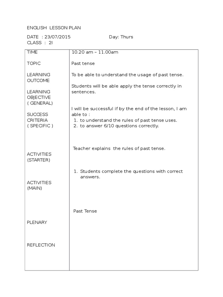 Form 2 English Lesson Plan | PDF