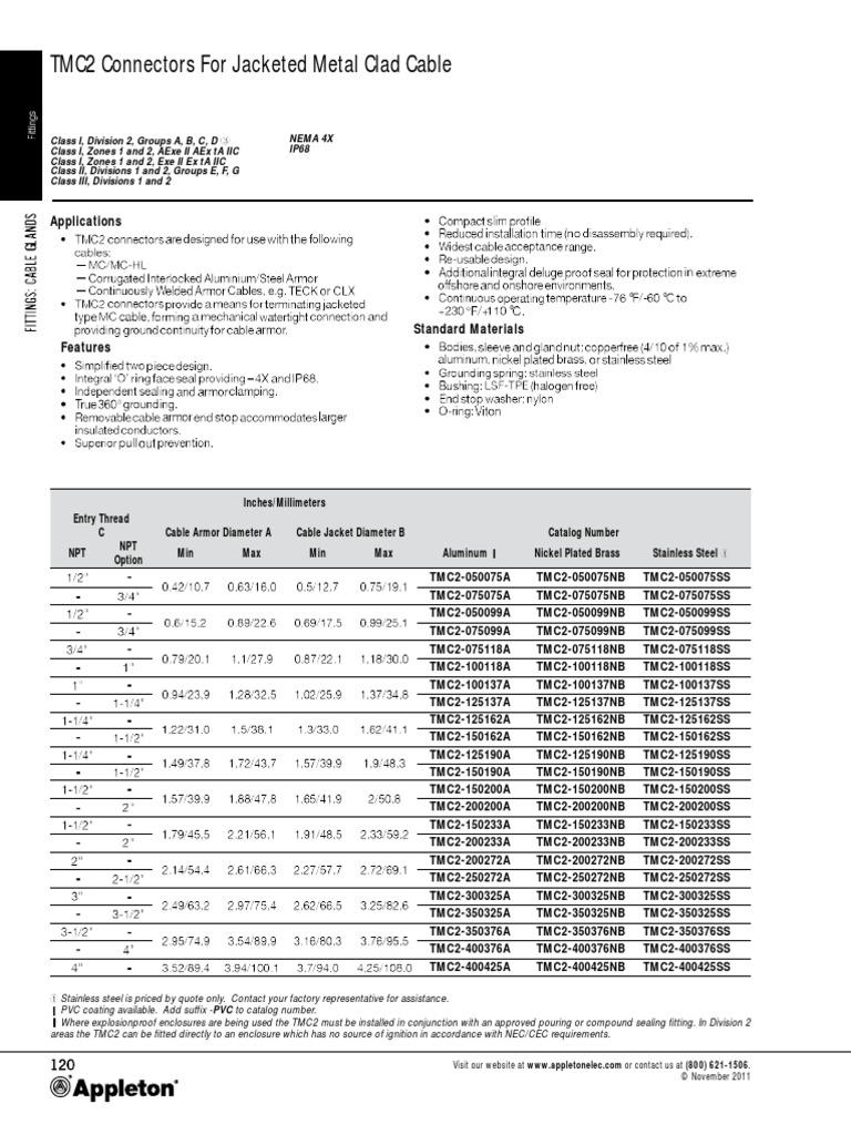 TMC2 Connectors For Jacketed Metal Clad Cable: Applications | PDF