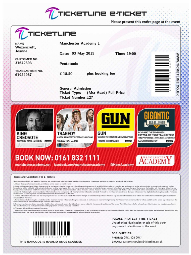 Ticket purchase confirmation and terms and conditions for Pentatonix ...