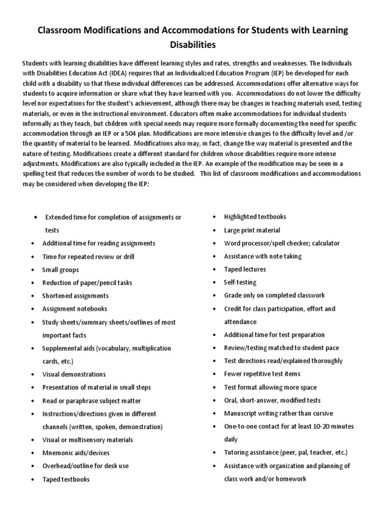 Classroom Modifications and Accommodations For Students With Learning ...