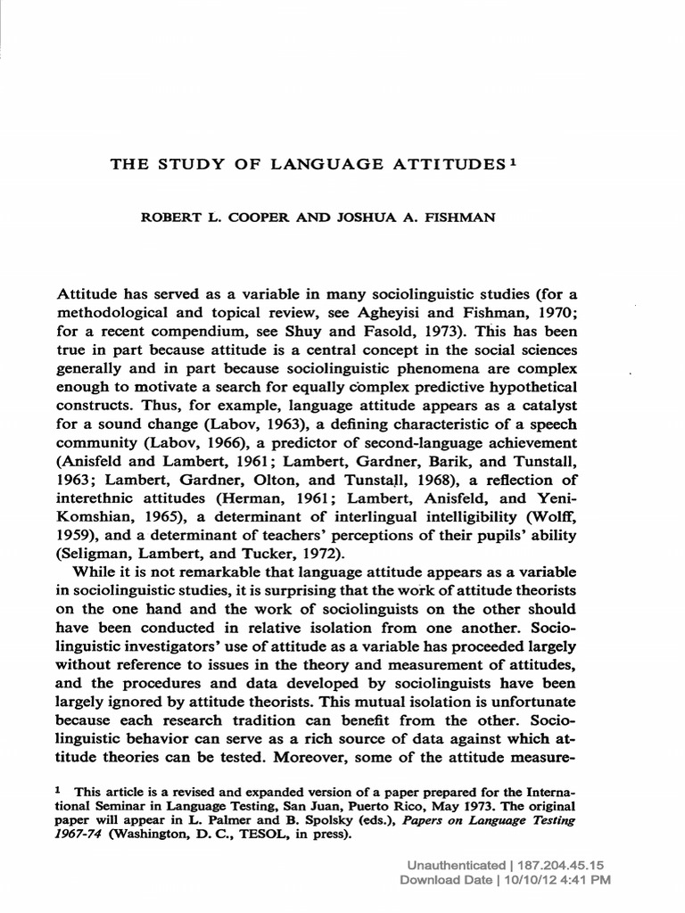 The Study of Language Attitudes | PDF | Attitude (Psychology) | Affect ...