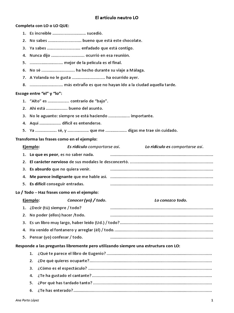 El Articulo Neutro LO (Nivel B1) | PDF