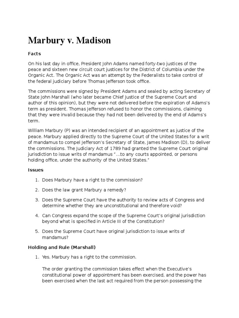 Marbury v. Madison: Facts | PDF | Supreme Court Of The United States ...