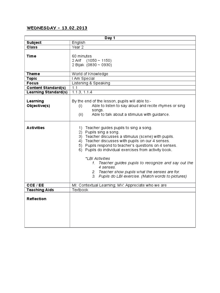 Lesson Plan KSSR English Year 2 | PDF