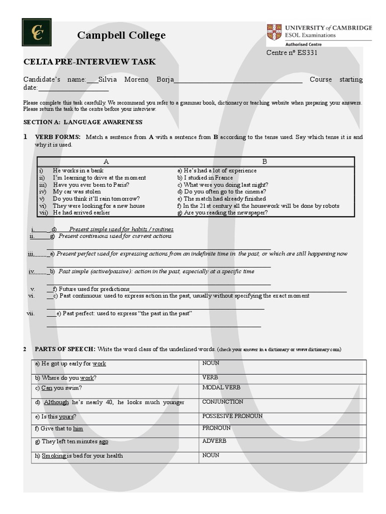 Pre-Interview Task CELTA | PDF | Style (Fiction) | Verb