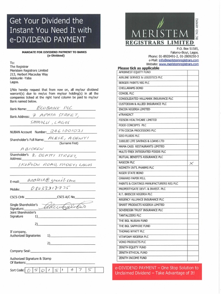 E-Dividend Mandate Form A | PDF