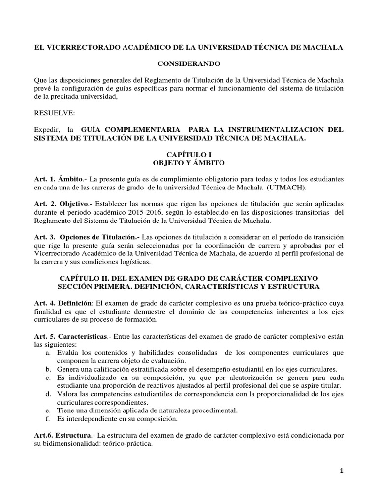 Guia para La Instrumentalizacion Del Reglamento Del Sistema de Titulacion Utmach | PDF | Prueba ...