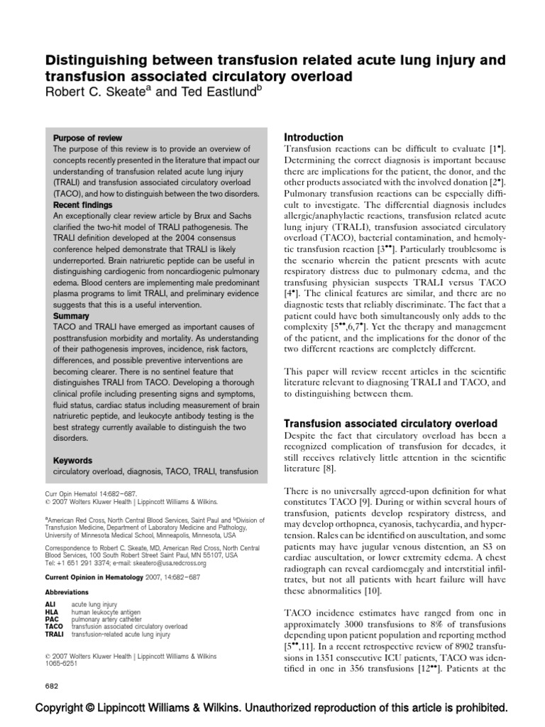 Distinguishing TRALI and TACO | Download Free PDF | Medical Specialties ...