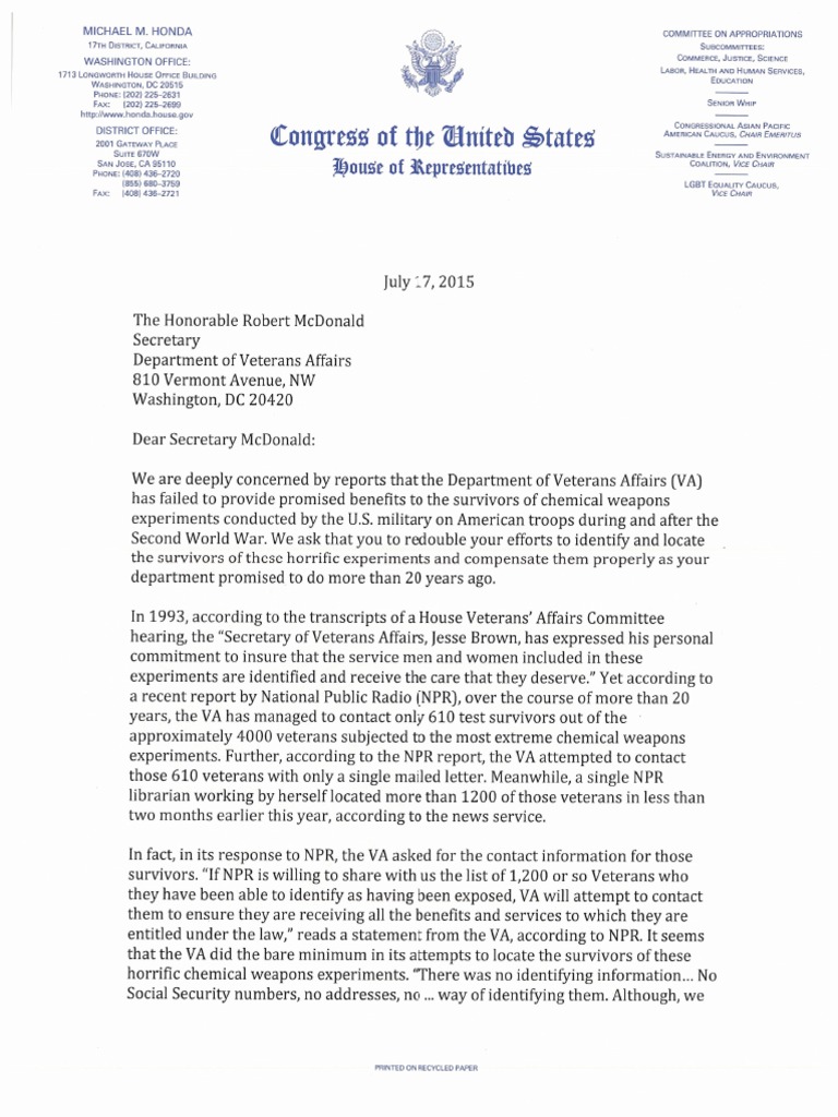 Letter VA Secretary McDonald to ensure chemical weapons test victims ...