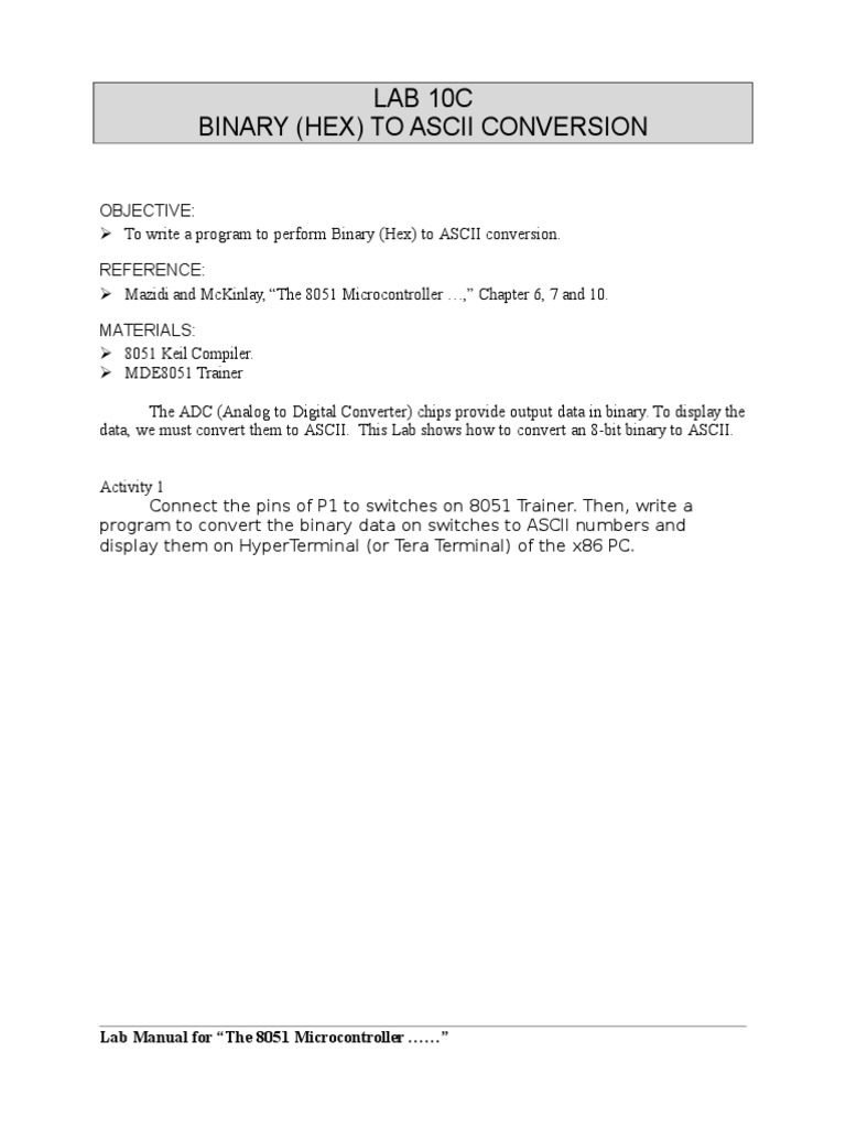 Lab 10C Binary (Hex) To Ascii Conversion: Lab Manual For "The 8051 Microcontroller " | PDF