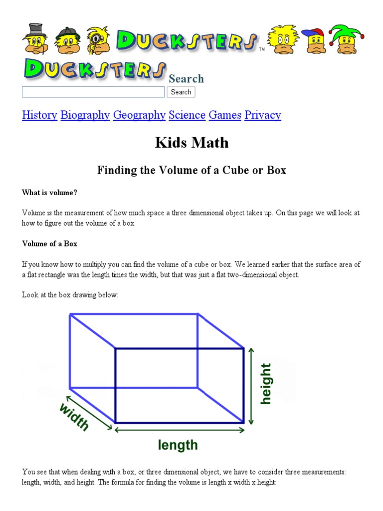 Kids Math - Finding The Volume of A Cube or Box | PDF | Volume | Area